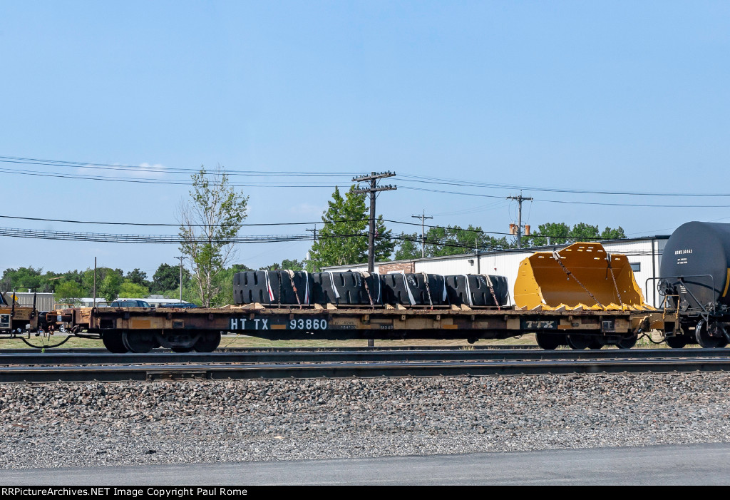 HTTX 93860, 60-ft Flat Car with CAT parts on the BNSF at Eola Yard